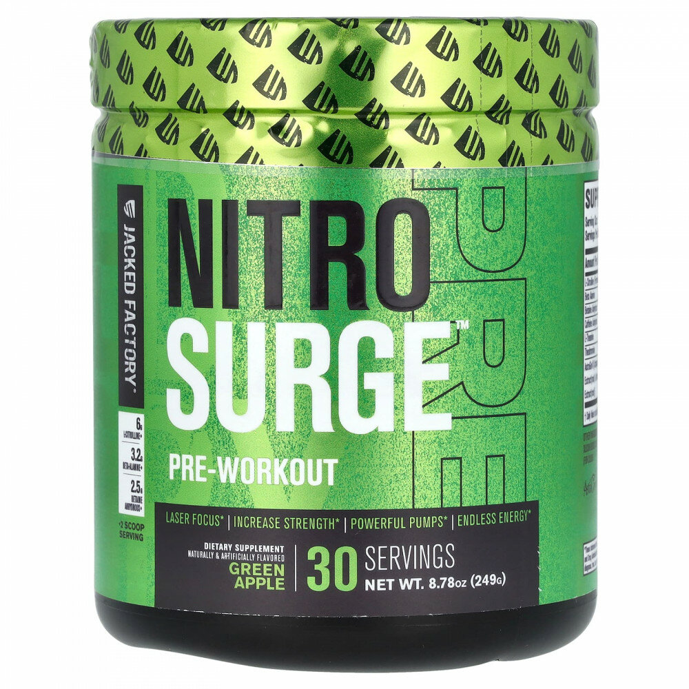 Jacked Factory, Nitro Surge, предтренировочный комплекс, со вкусом зеленого яблока, 249 г (8,78 унции)