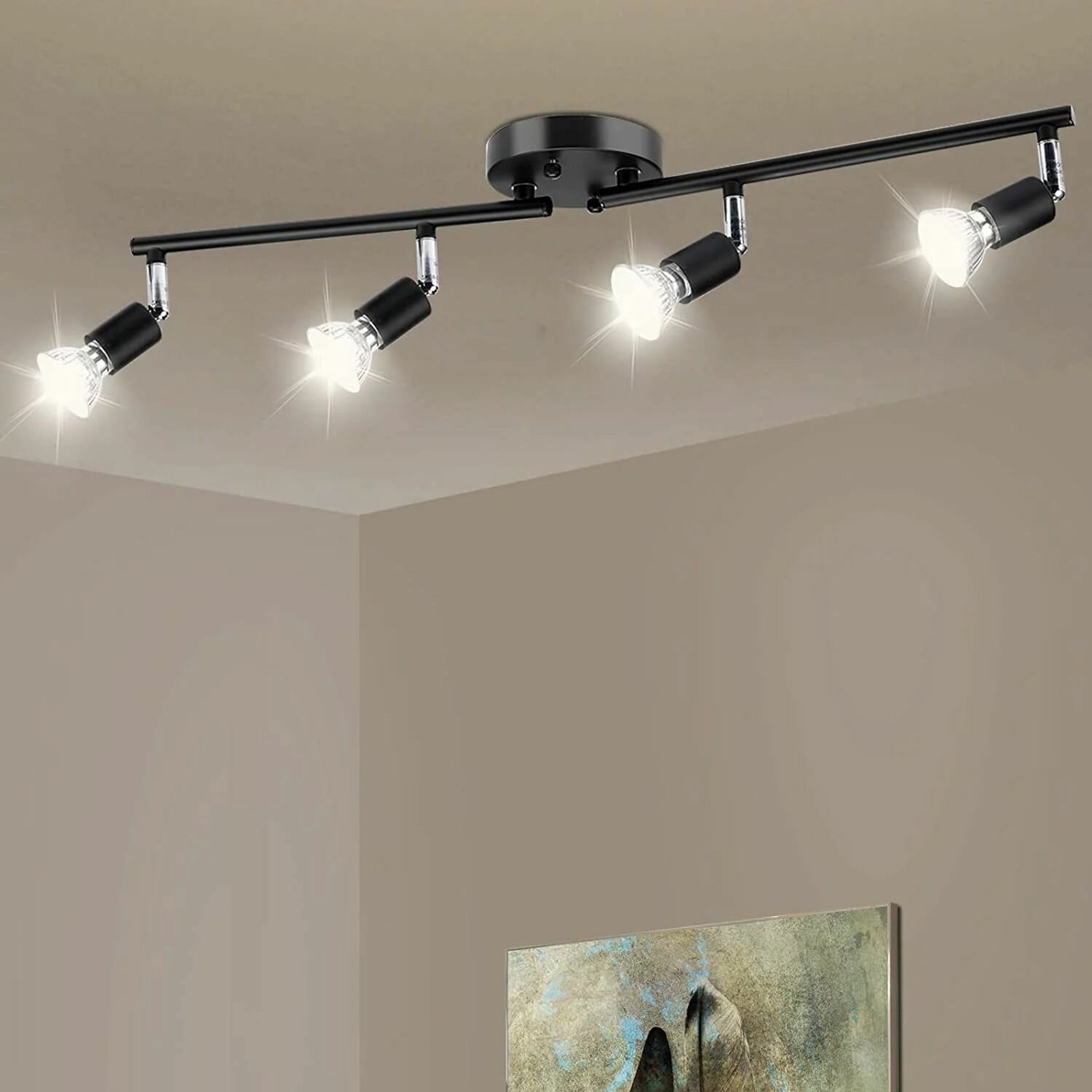 Комплект трекового освещения с регулируемой яркостью на 4 ламп, гибкий складной кронштейн, матово-черный, идеально подходит для освещения кухни, коридора, спальни