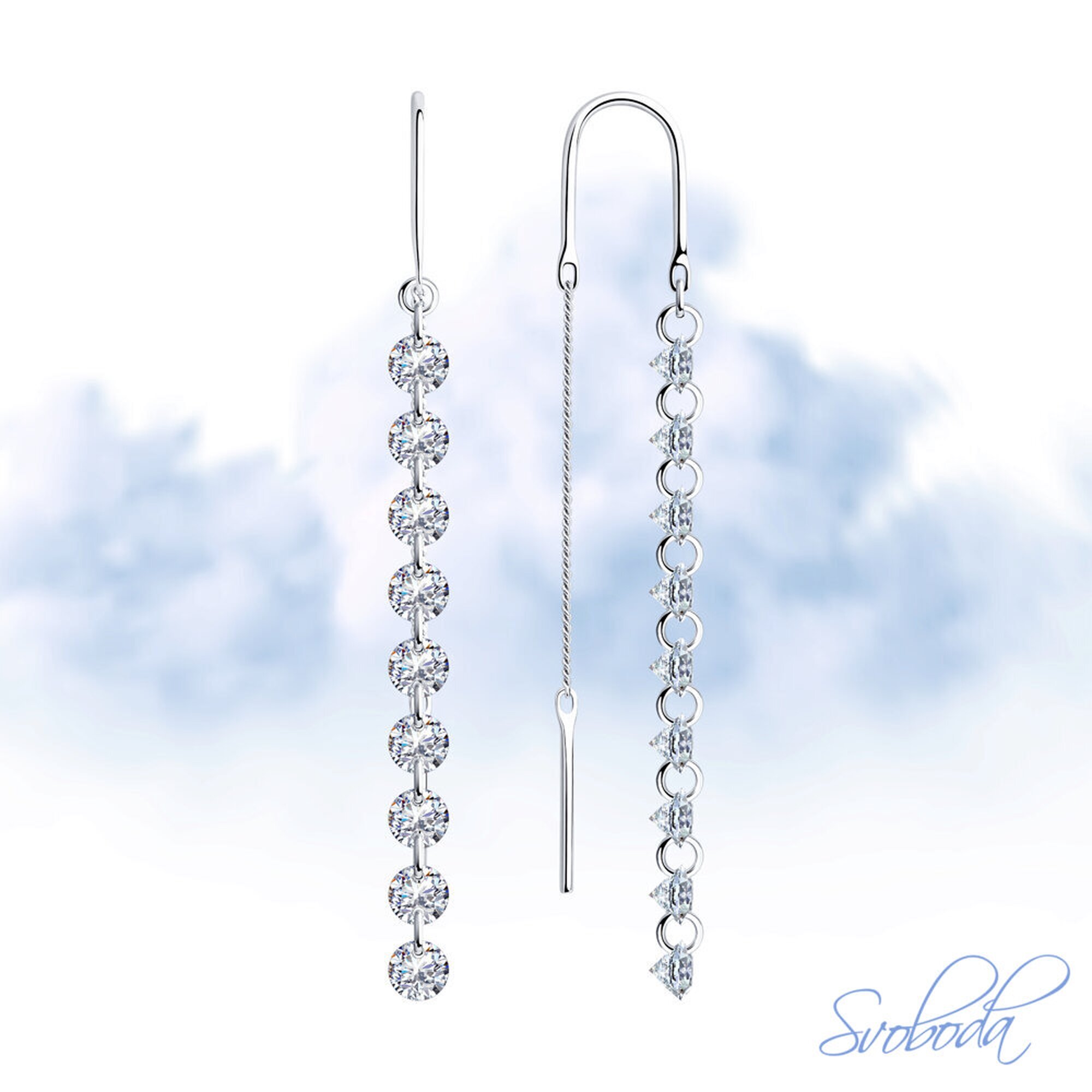 Серьги цепочки, серебро, 925 проба, родирование, фианит