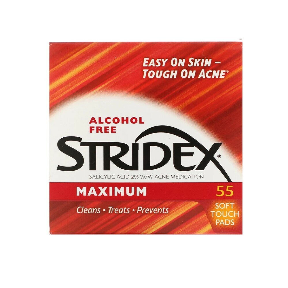 Stridex, Очищающие диски салфетки от угрей, акне и черных точек на лице с салициловой кислотой, средство от прыщей без спирта, 55 штук