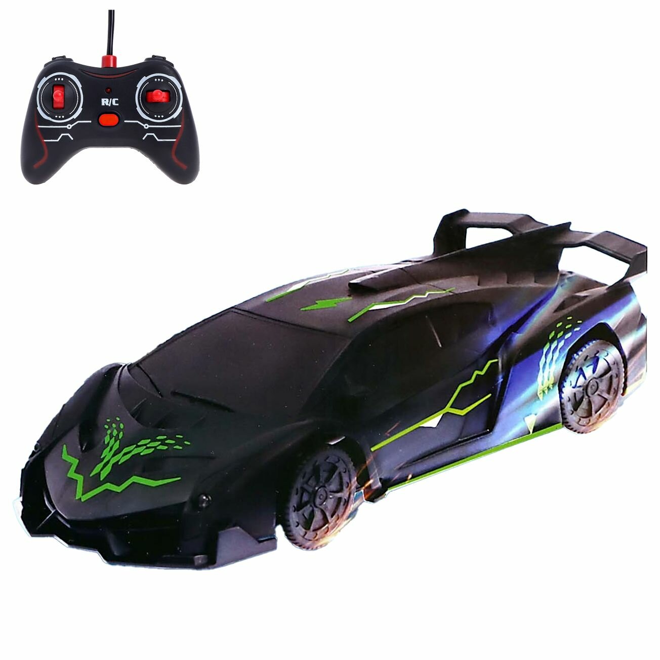 Машинка на пульте управления "RACER" для мальчика, антигравитационная интерактивная машинка-игрушка, детская светящаяся игрушка для малышей, ездит по стенам, работает от аккумулятора, цвет чёрный