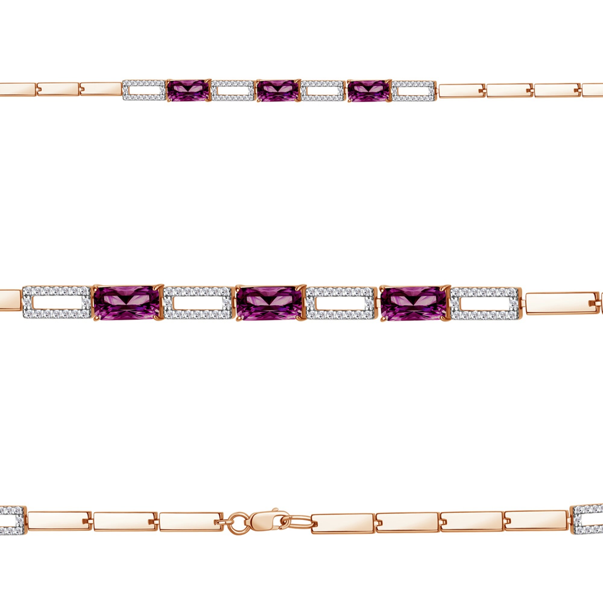 Браслет, серебро, 925 проба, золочение, аметист, фианит