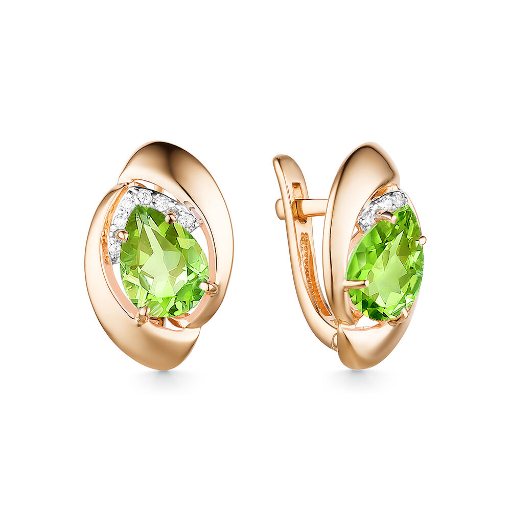 Серьги, красное золото, 585 проба, фианит, хризолит