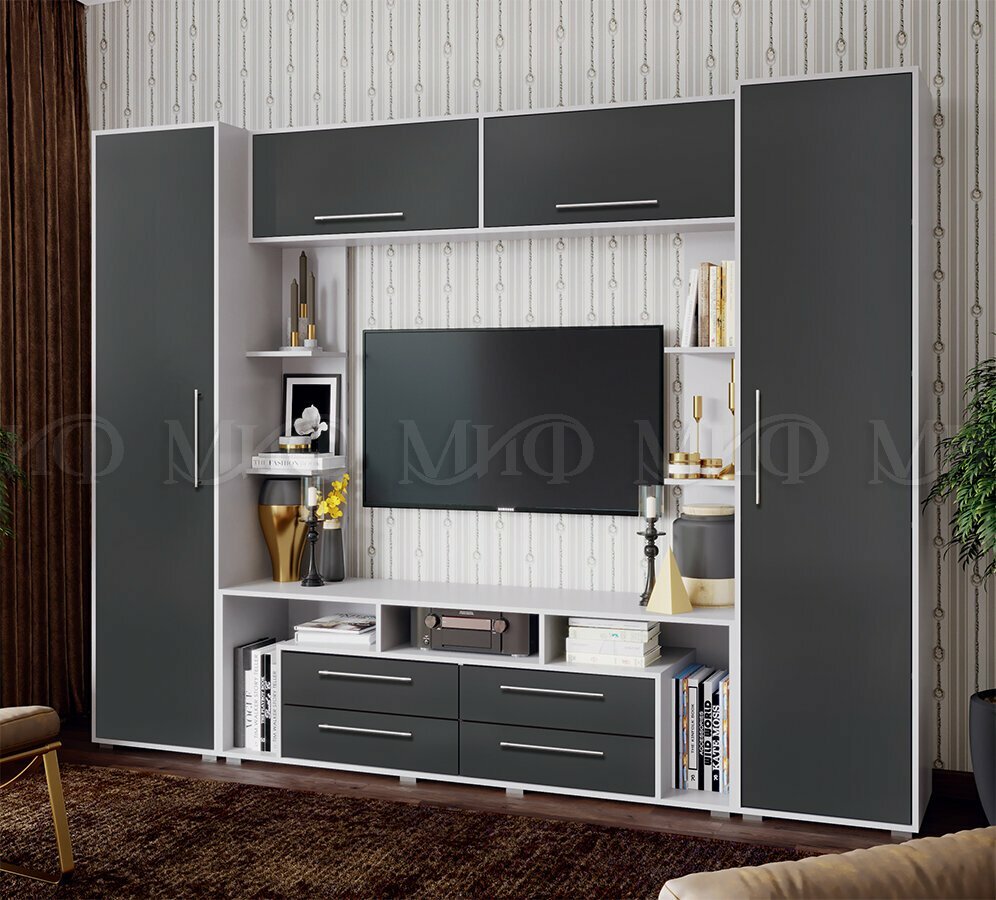 Гостиная мебель Миф Гармония МДФ цвет Графит софт NEW/ Белый, размер 2700х440х2100мм