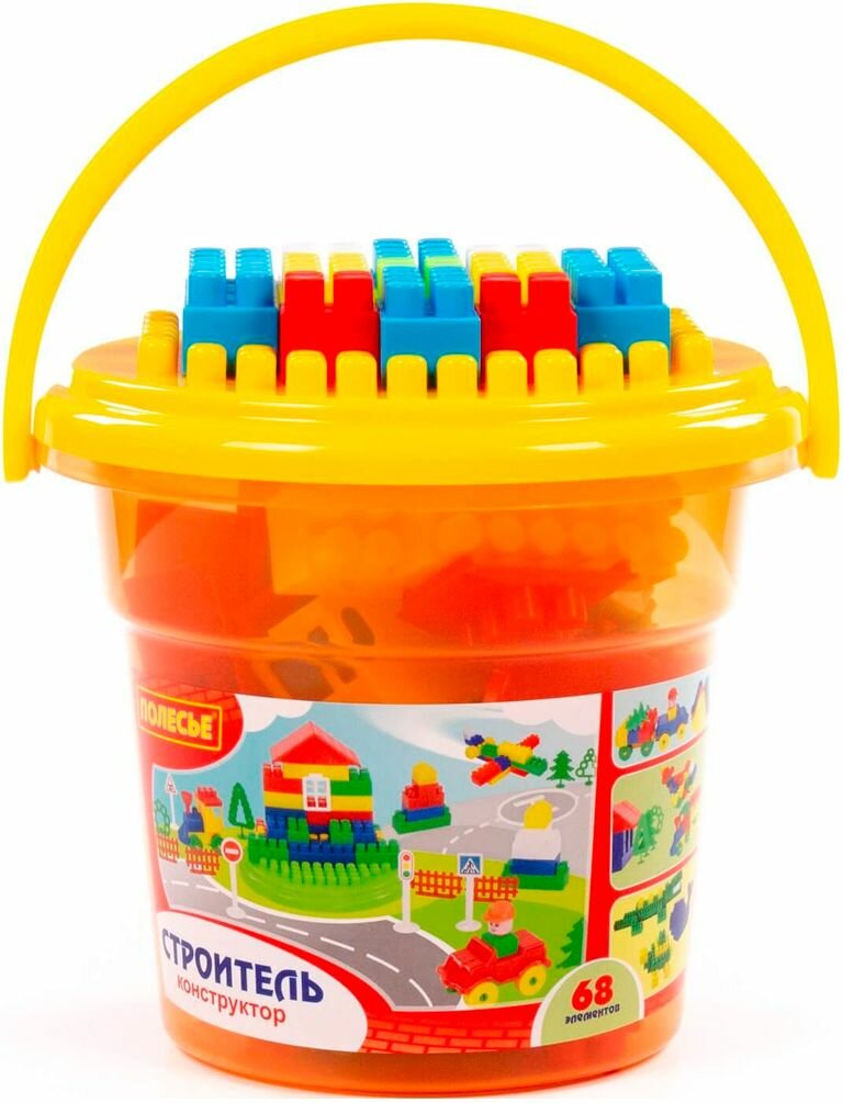 Конструктор пластиковый блочный "Строитель Макси" в ведерке с крышкой для детей, сборная модель, игровой набор с фигурками деревьев и заборчиками, 68 деталей