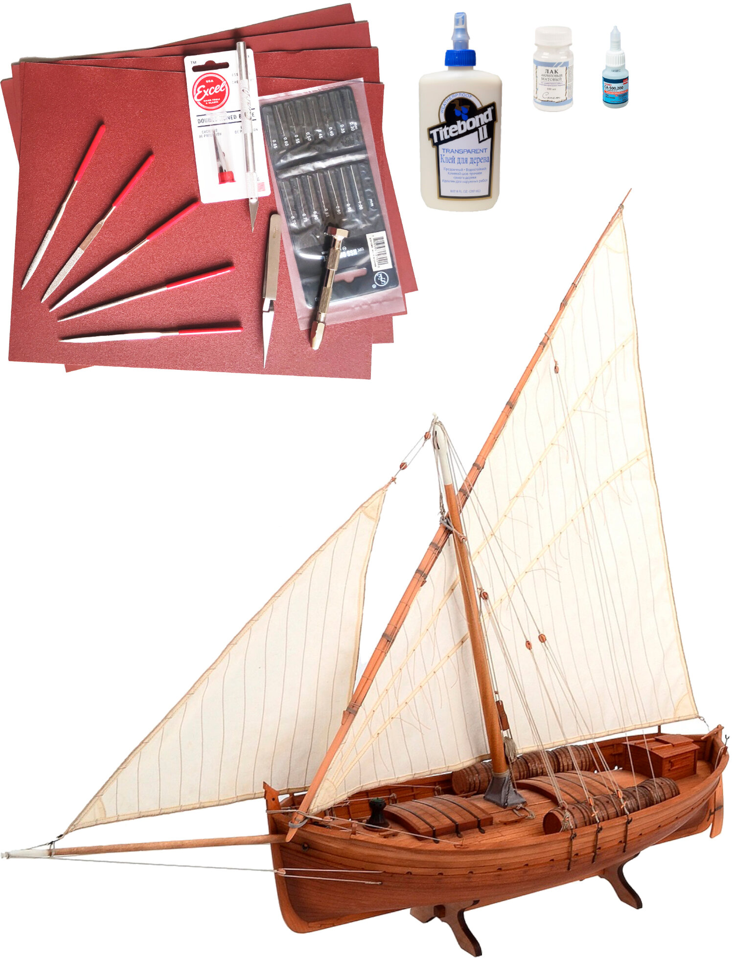 Модель корабля, виновоз Леудо, 180 часов, 440х400х120 мм, М.1:48, 180 часов, подарочный набор, инструменты, лак, клея