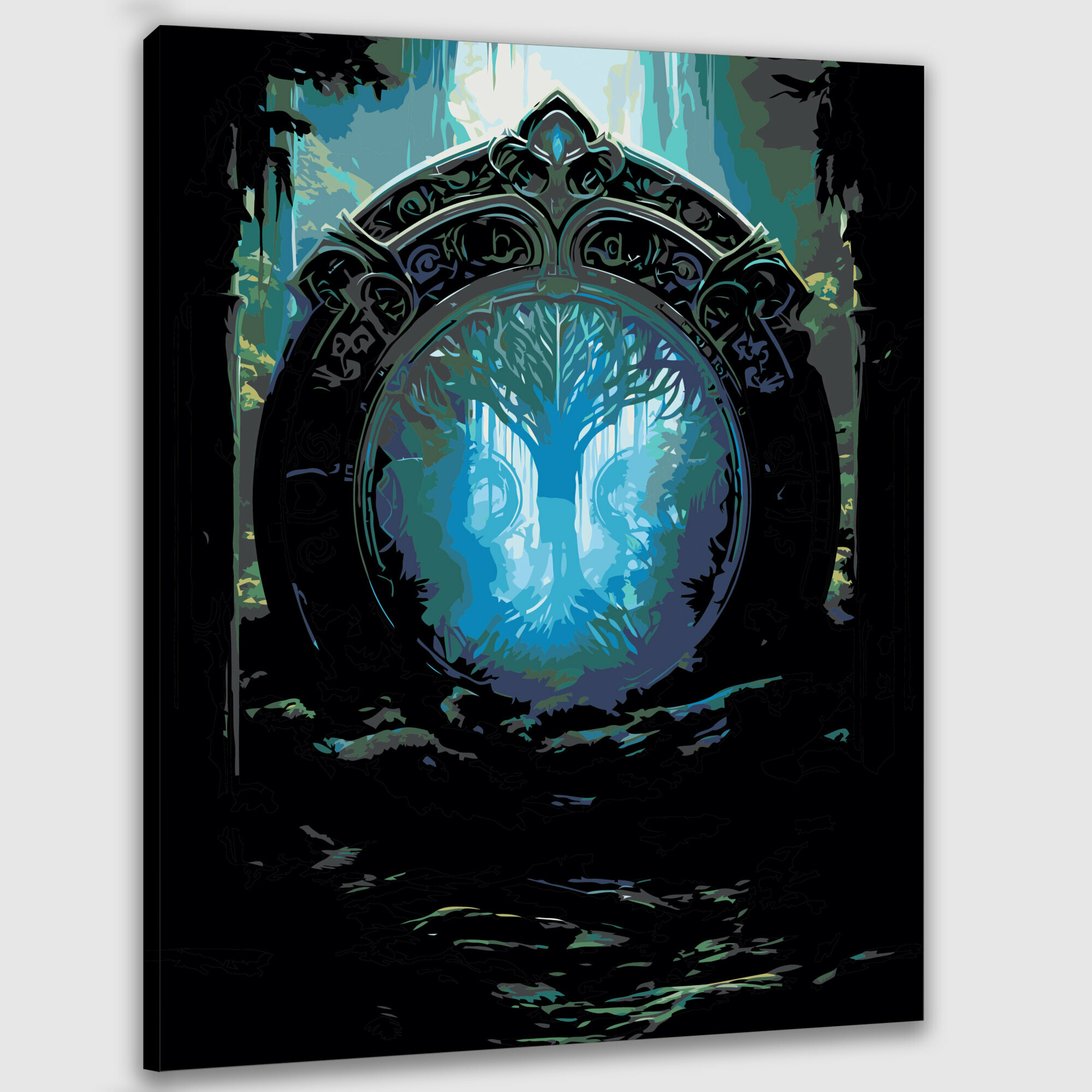 Картина по номерам 40x50 см, цифровая картина, эльфийский камень, голубой свет, пышный лес, яркие цвета, зелень, резьба