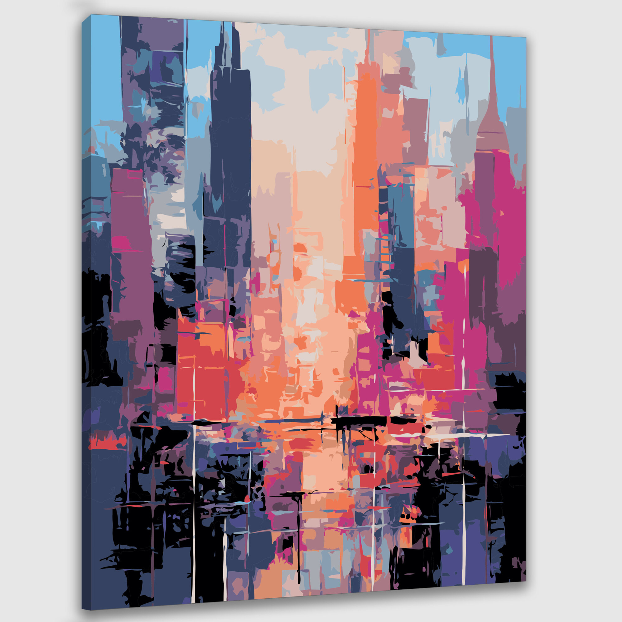 Картина по номерам 40x50 см, городской пейзаж, небоскребы, окна, калейдоскоп цветов, ночная жизнь, мазки, движение