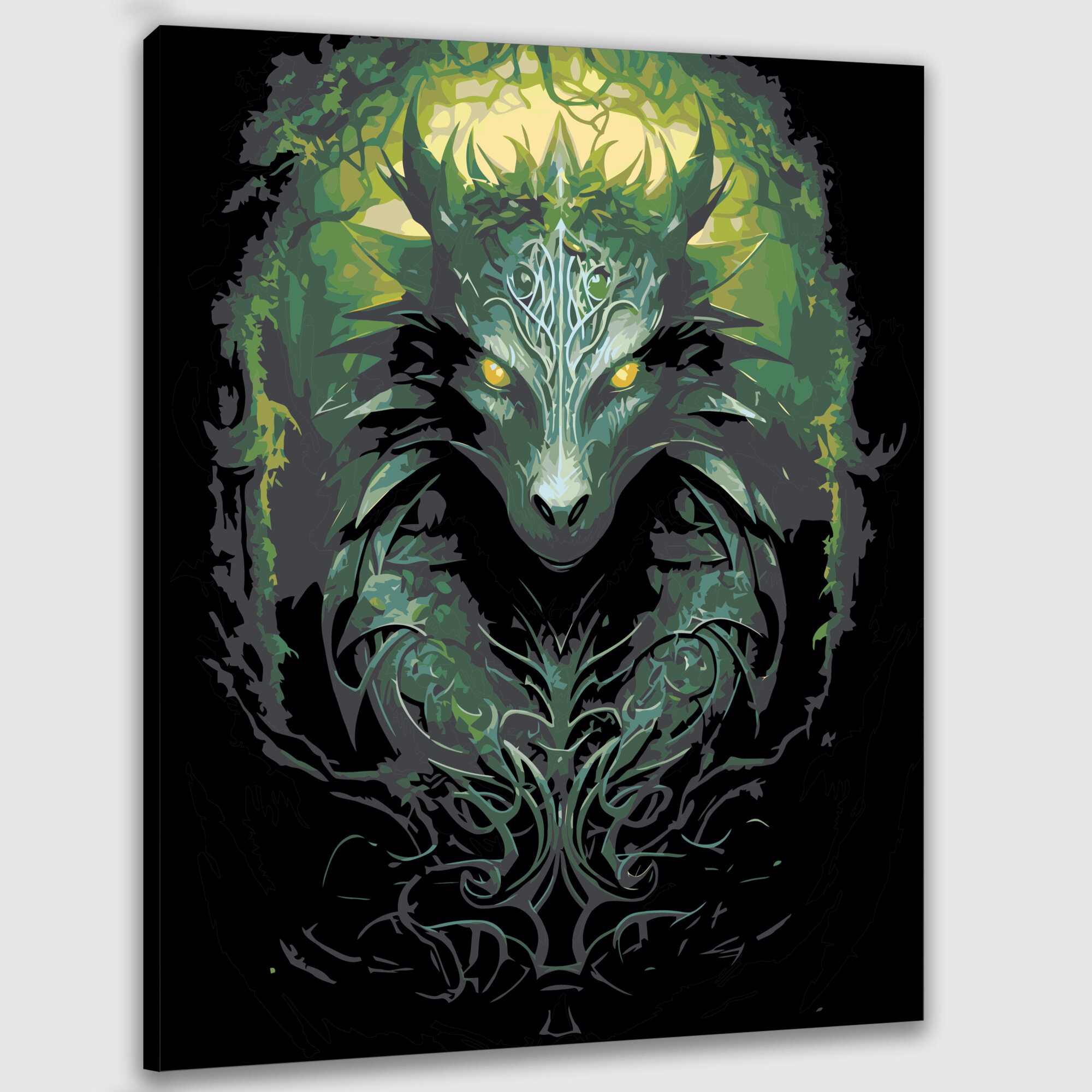 Картина по номерам 40x50 см, зеленый дракон, цифровое изображение, стилизованная манера, кельтские узоры, символы