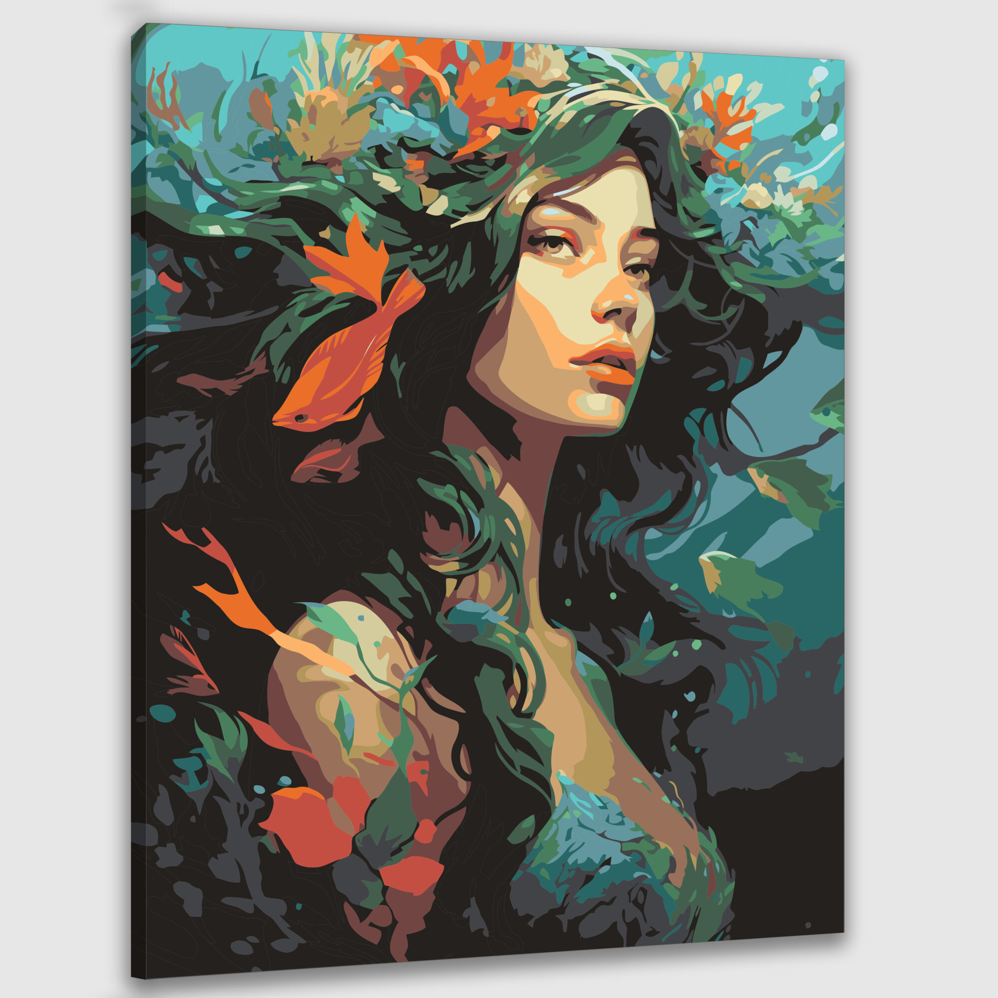 Картина по номерам 40x50 см, русалка, океан, глубины, волосы, хвост, коралловые рифы, морские существа, бирюзовый цвет