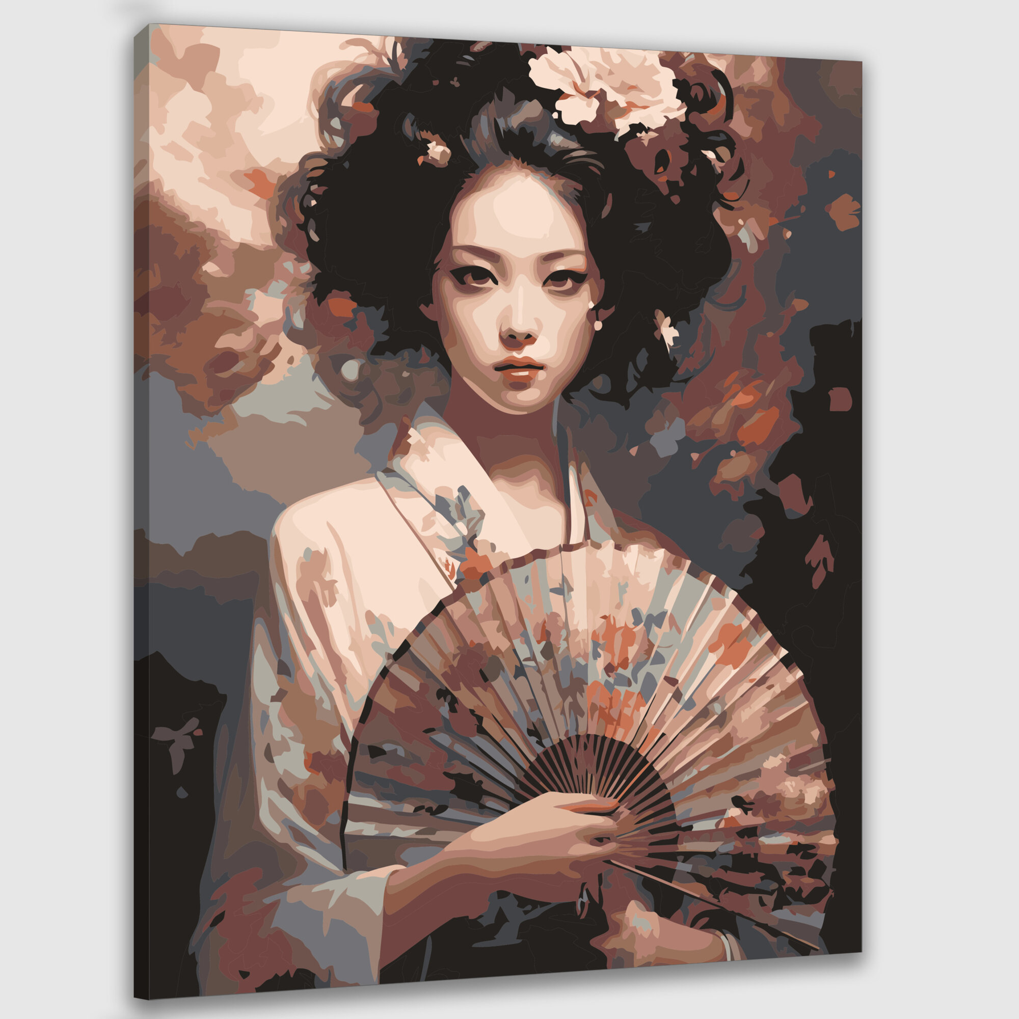 Картина по номерам 40x50 см, гейша, японская картина, цифровая, веер, кимоно, яркие цвета, нежные узоры, изысканность