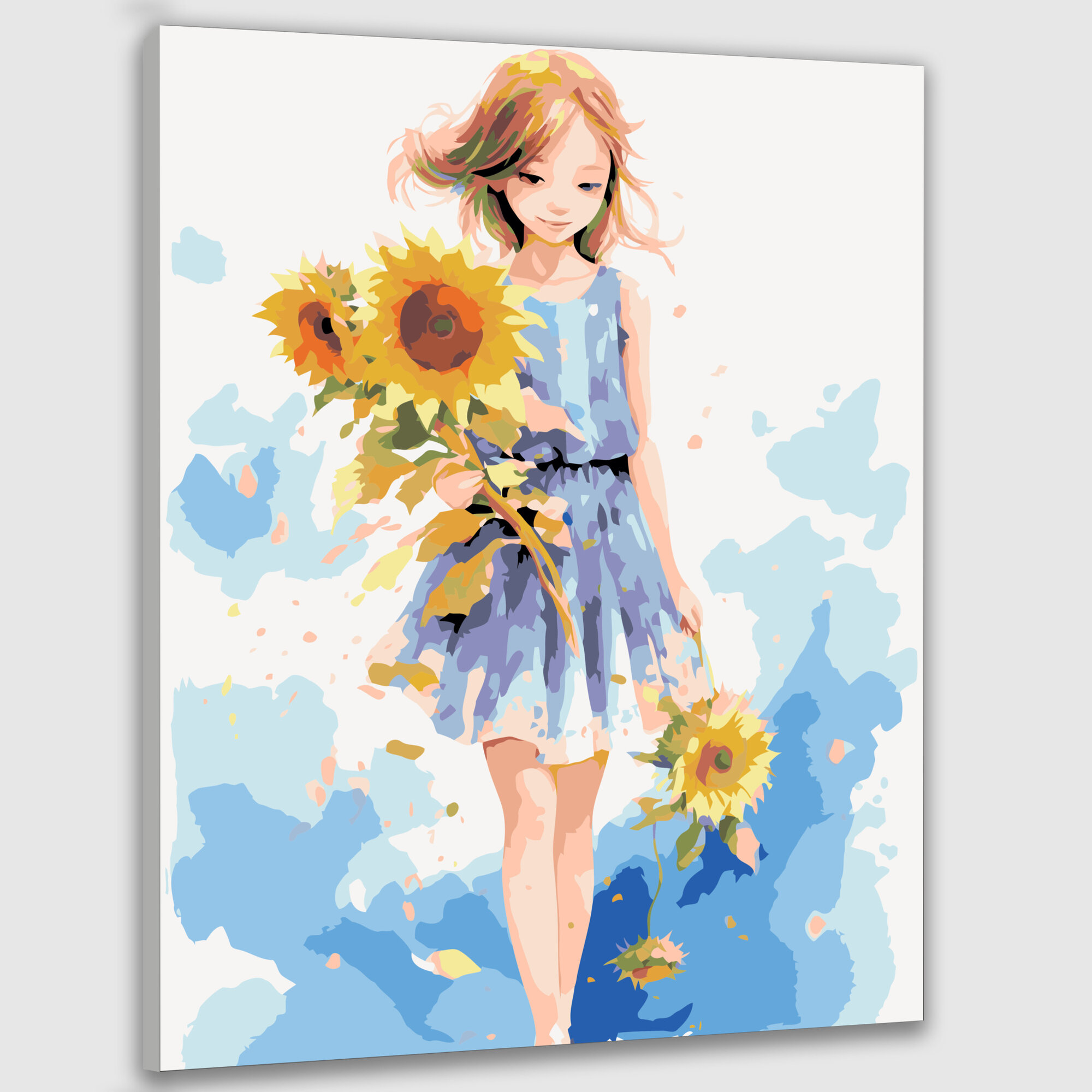 Картина по номерам 40x50 см, девушка, акварельная иллюстрация, цветастое платье, букет подсолнухов, ярко-голубое небо