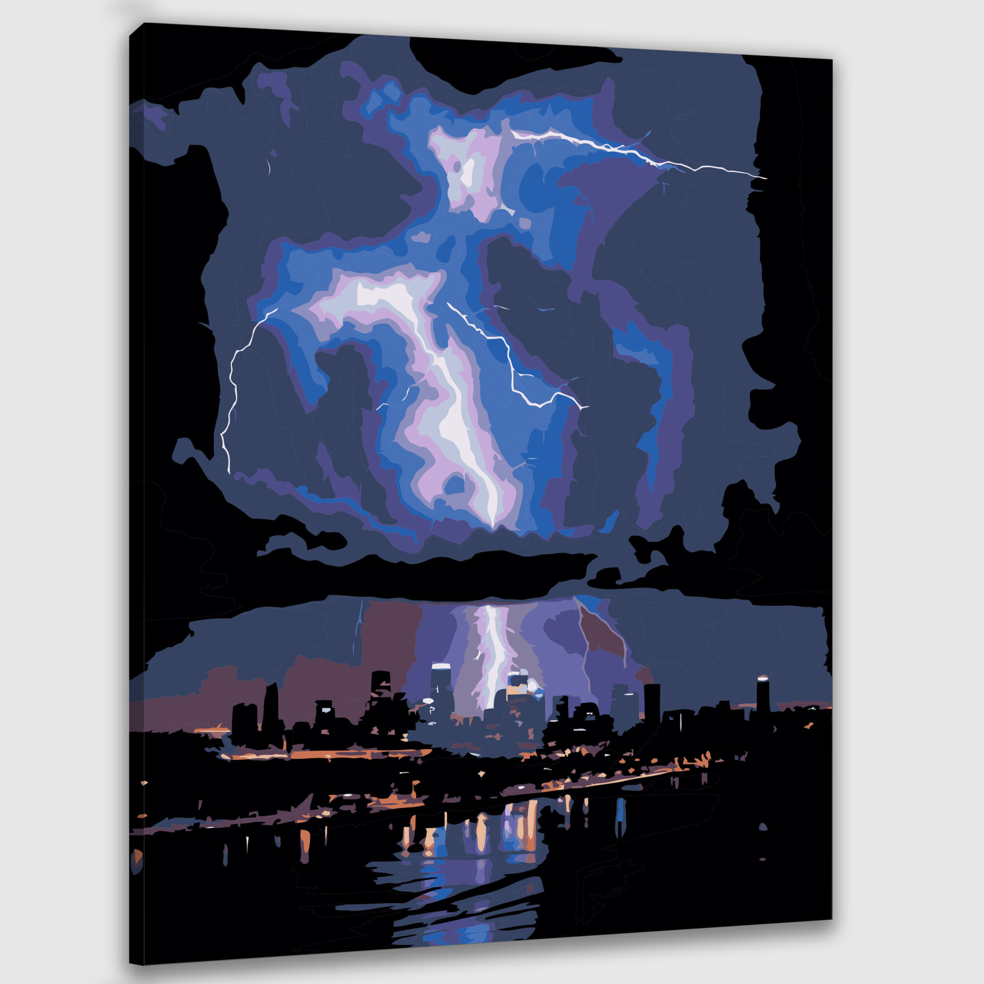 Картина по номерам 40x50 см, ночная гроза, молния, городской пейзаж, темный фон, силуэт, фотография, великолепная