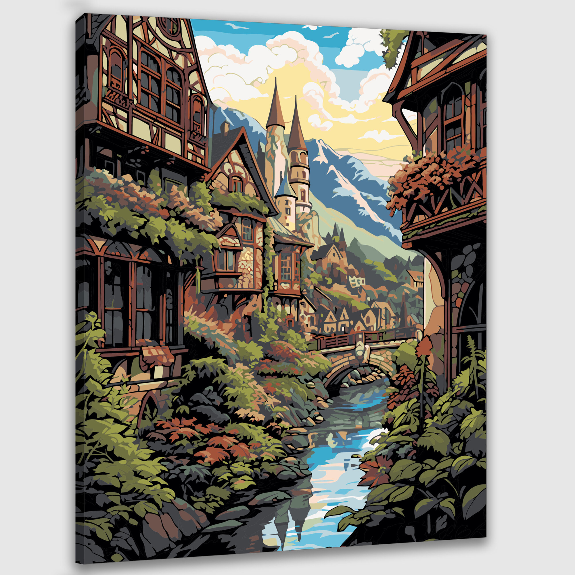 Картина по номерам 40x50 см, ар-нуво, деревня, архитектура, цветочные мотивы, плавные линии, зеленые холмы