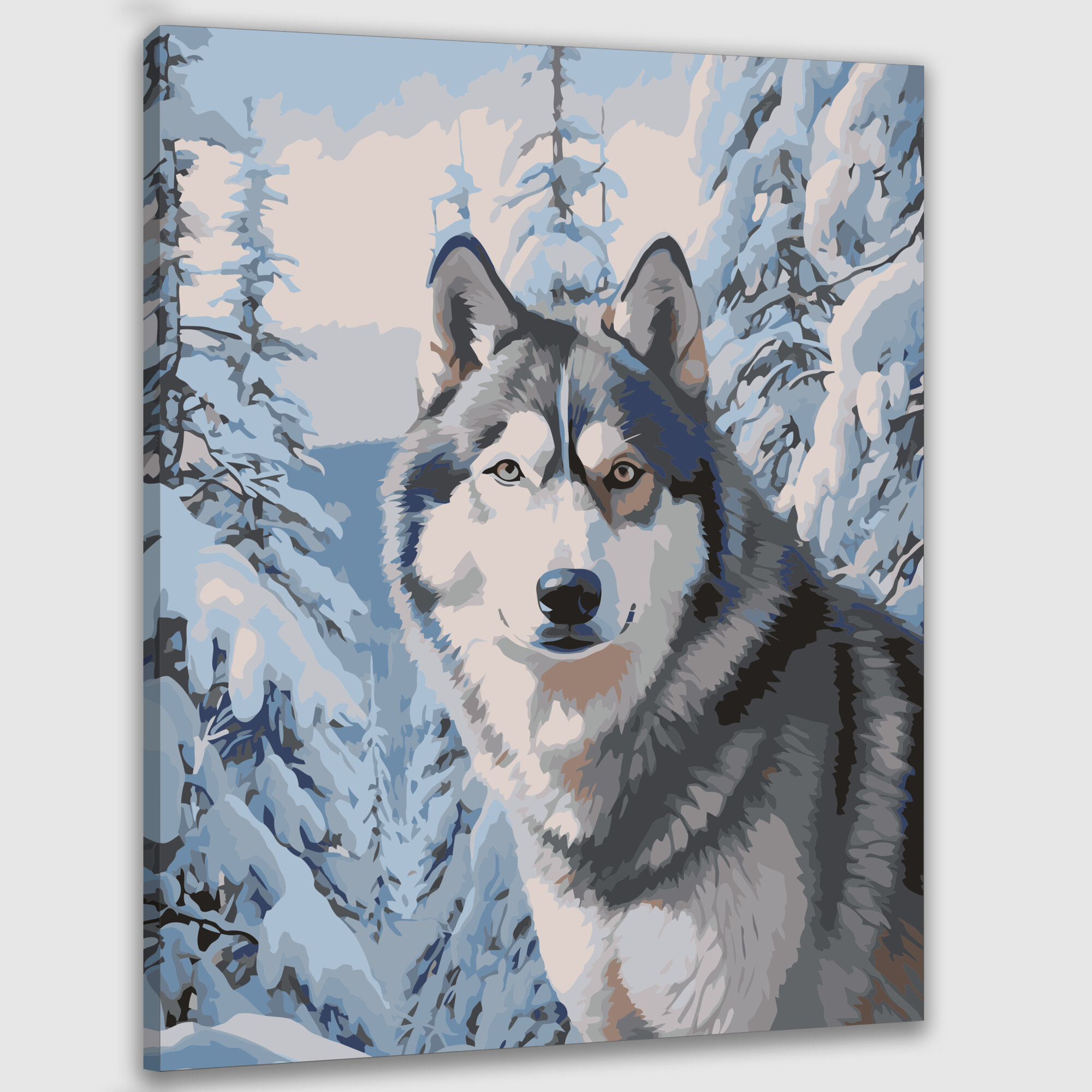 Картина по номерам 40x50 см, картина, масло, сибирский хаски, зимний лес, голубые глаза, сила, жизнестойкость
