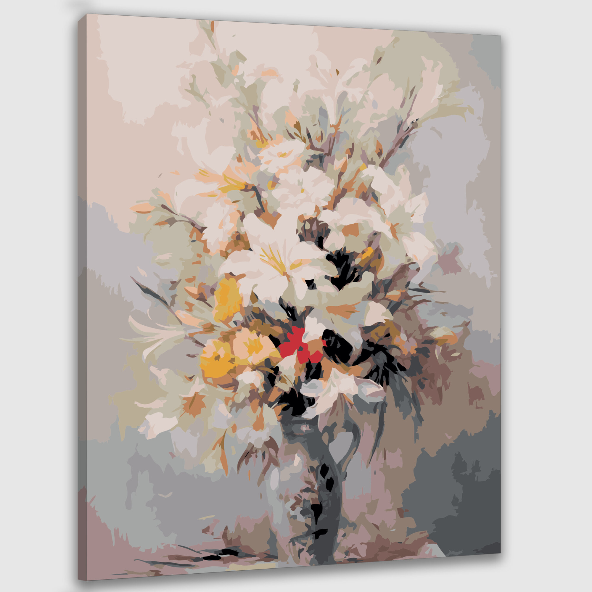 Картина по номерам 40x50 см, акриловая картина, цветочный уголок, пионы, ирисы, лилии, ваза, текстура лепестков