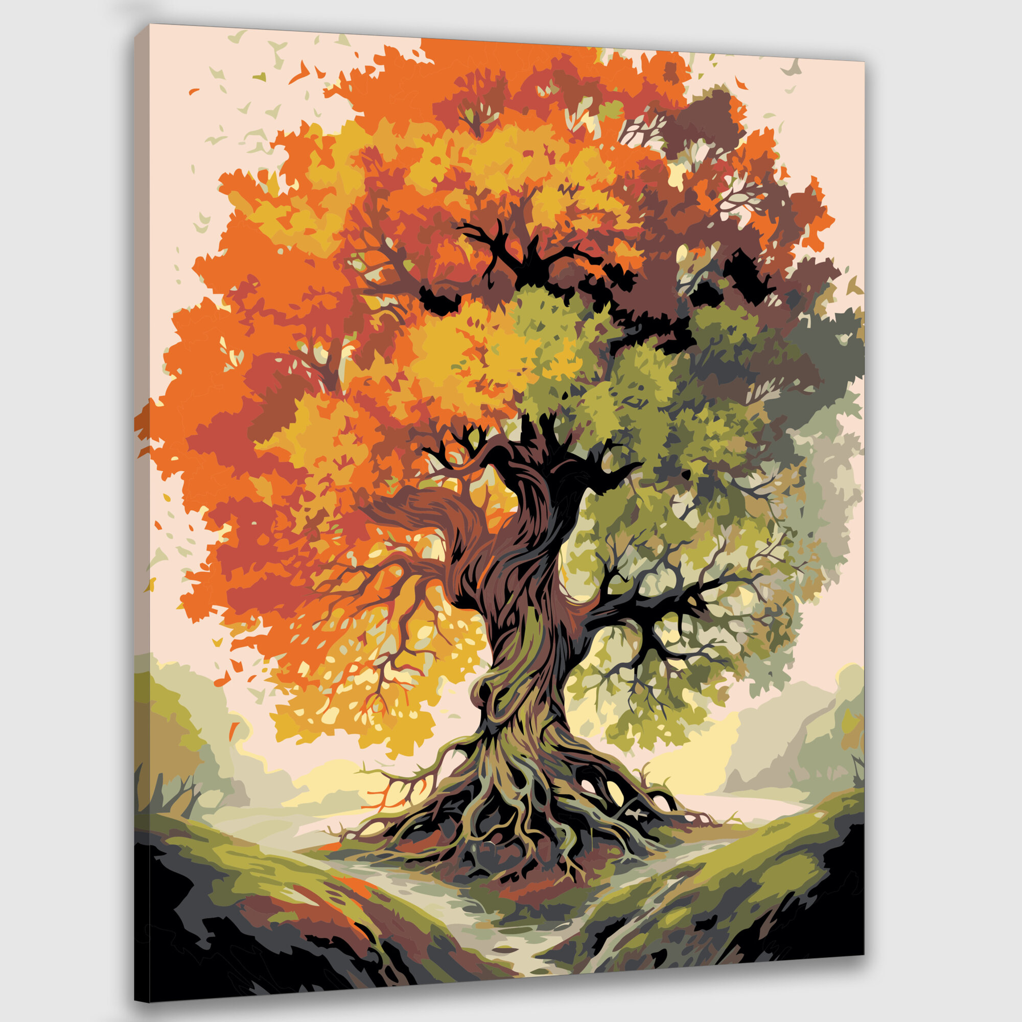 Картина по номерам 40x50 см, акварель, иллюстрация, волшебная, смена времен года, дуб, зеленая листва, осенние краски