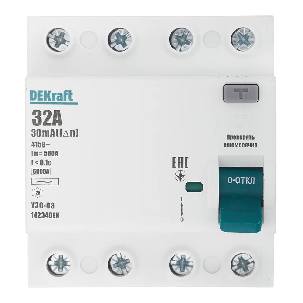 УЗО Dekraft УЗО-03 32А 3P+N тип AC 30 мА 6 кА компактное (14234DEK) Dekraft 14234DEK