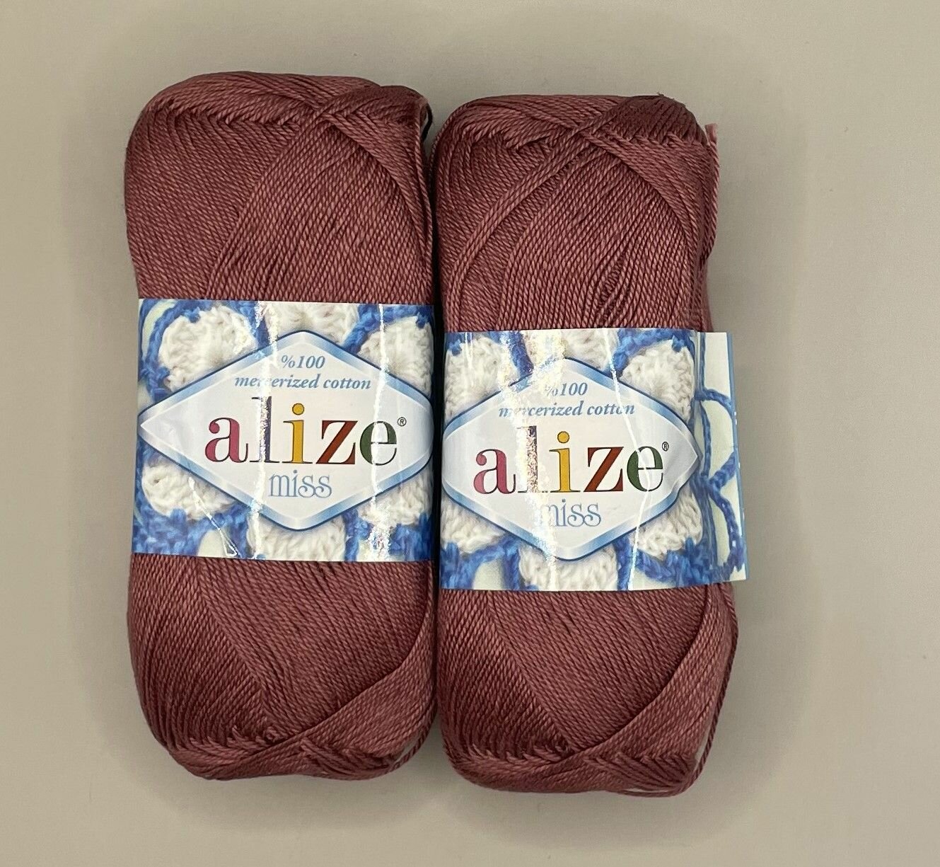 Два мотка пряжи Alize Miss, №468-увядшая роза, 50гр.-280м,100%-хлопок мерсеризированный, уп.-2 мотка