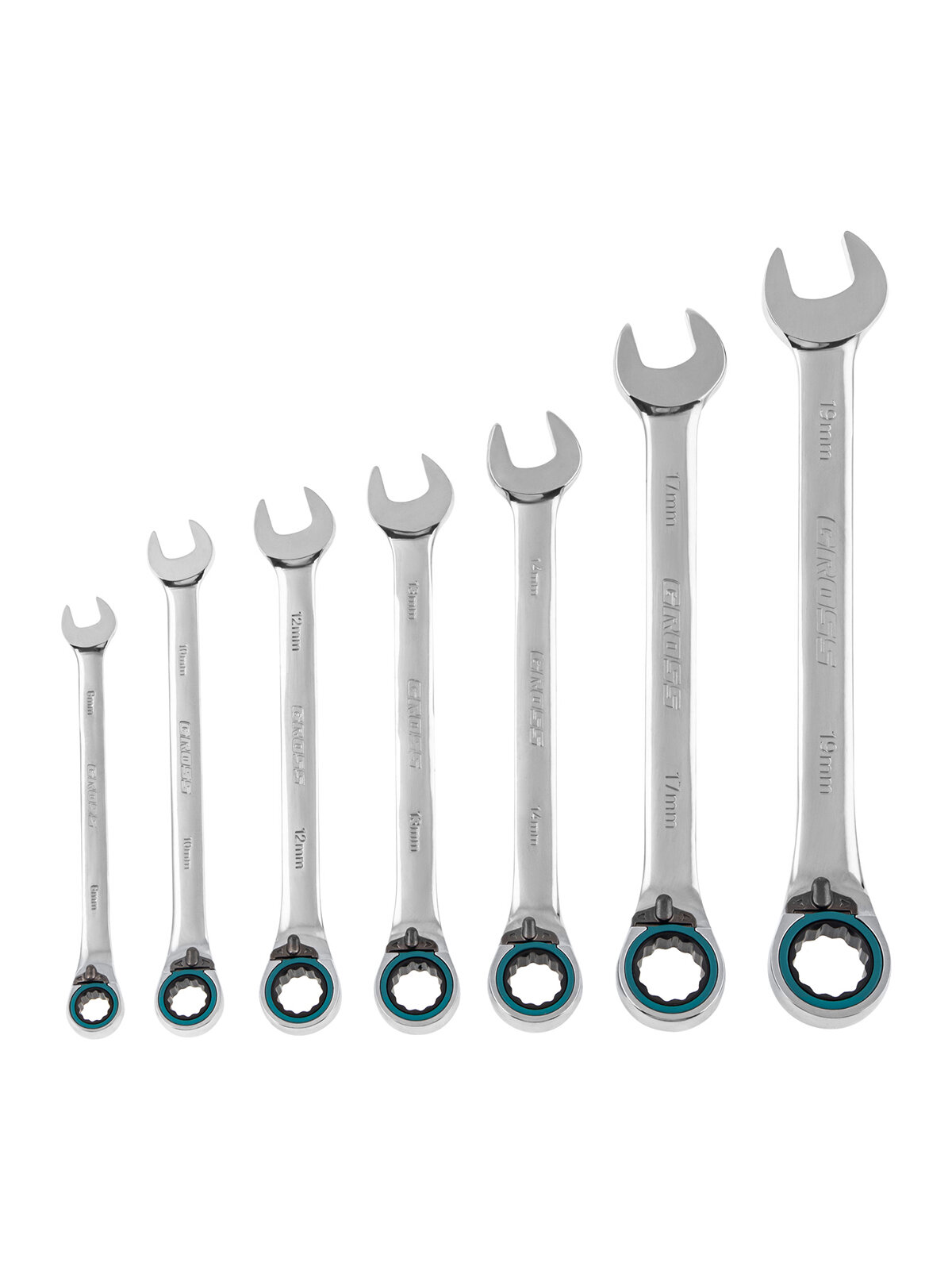 Набор ключей комбинированных с трещоткой Gross 8 - 19 мм, 7 шт, реверсивные, CrV 14892