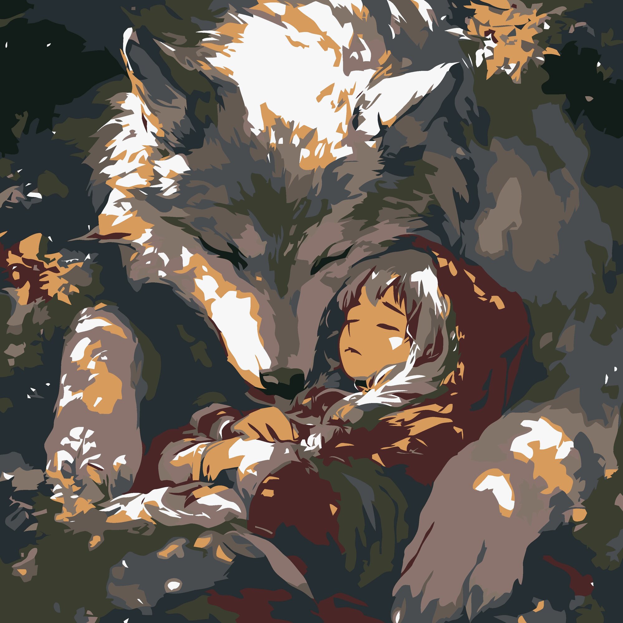 Детская картина по номерам E3382 "Девушка и Волк" 30x30