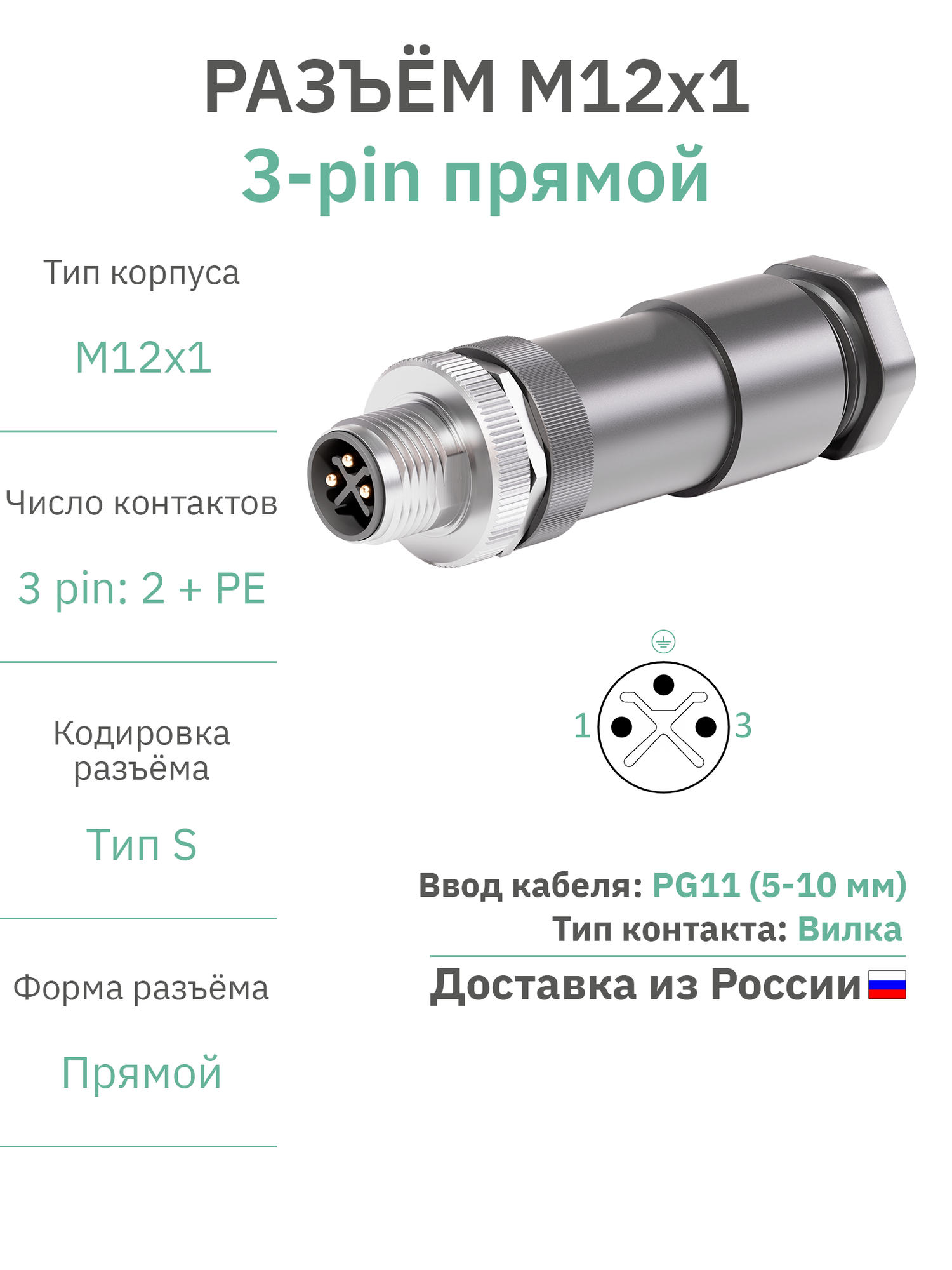Разъём M12 S-coding 3 pin: 2 + PE прямой / вилка (папа) / PG11 (5-10 мм диаметр под кабель) / модель RAZM-M12-C3-CODE-S-PG11
