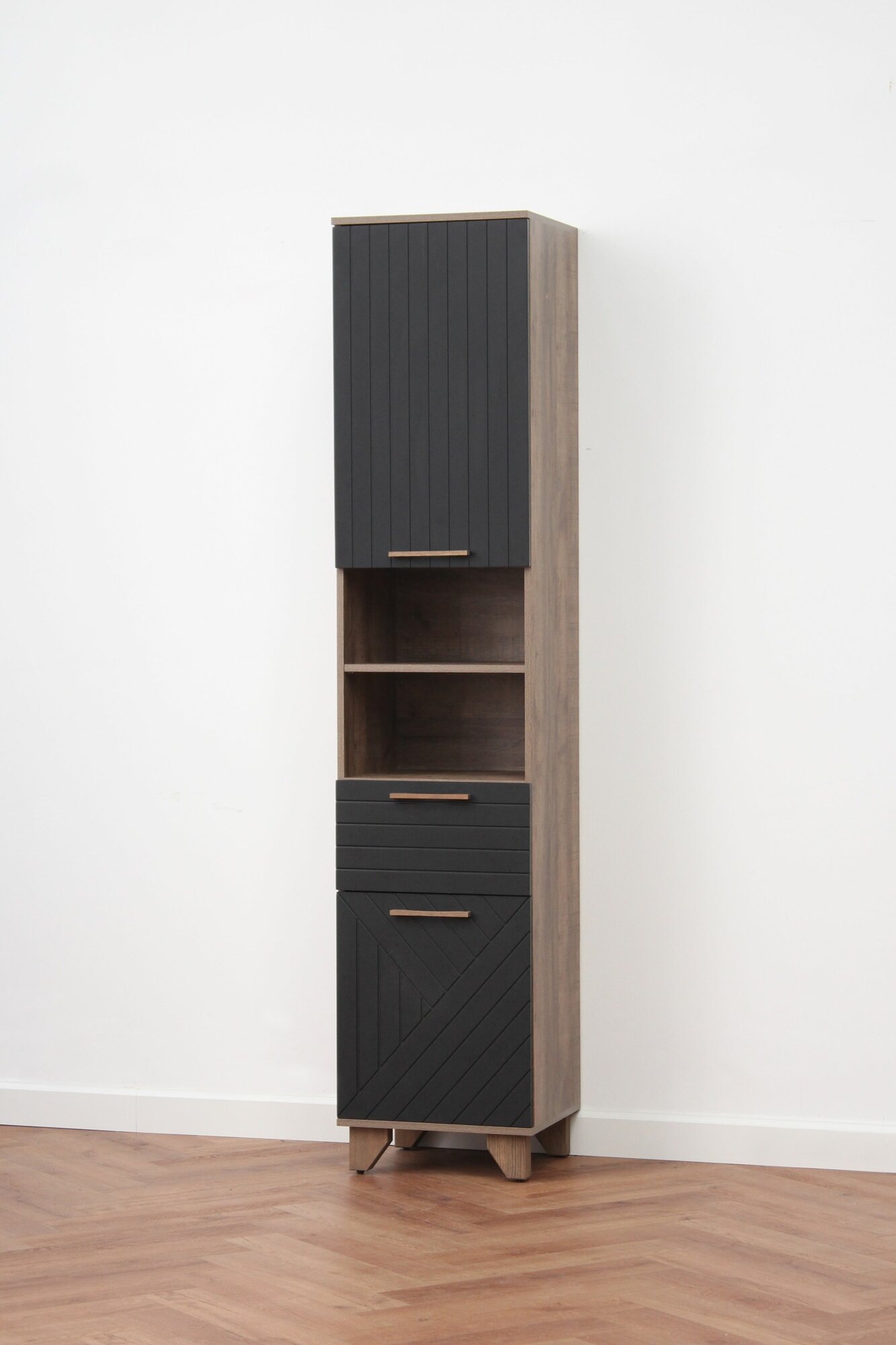 Шкаф пенал Копенгаген с нишей Дуб Самдал / Черный матовый левый (12 Стульев)