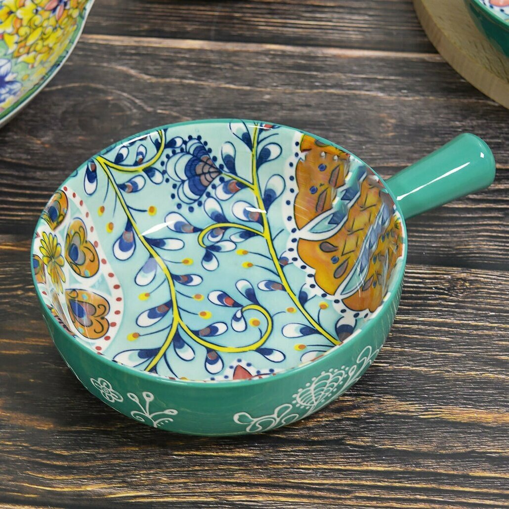 Кокотница керамическая «Arabesque» 15,5 см с ручкой, цветочный узор, для запекания и сервировки