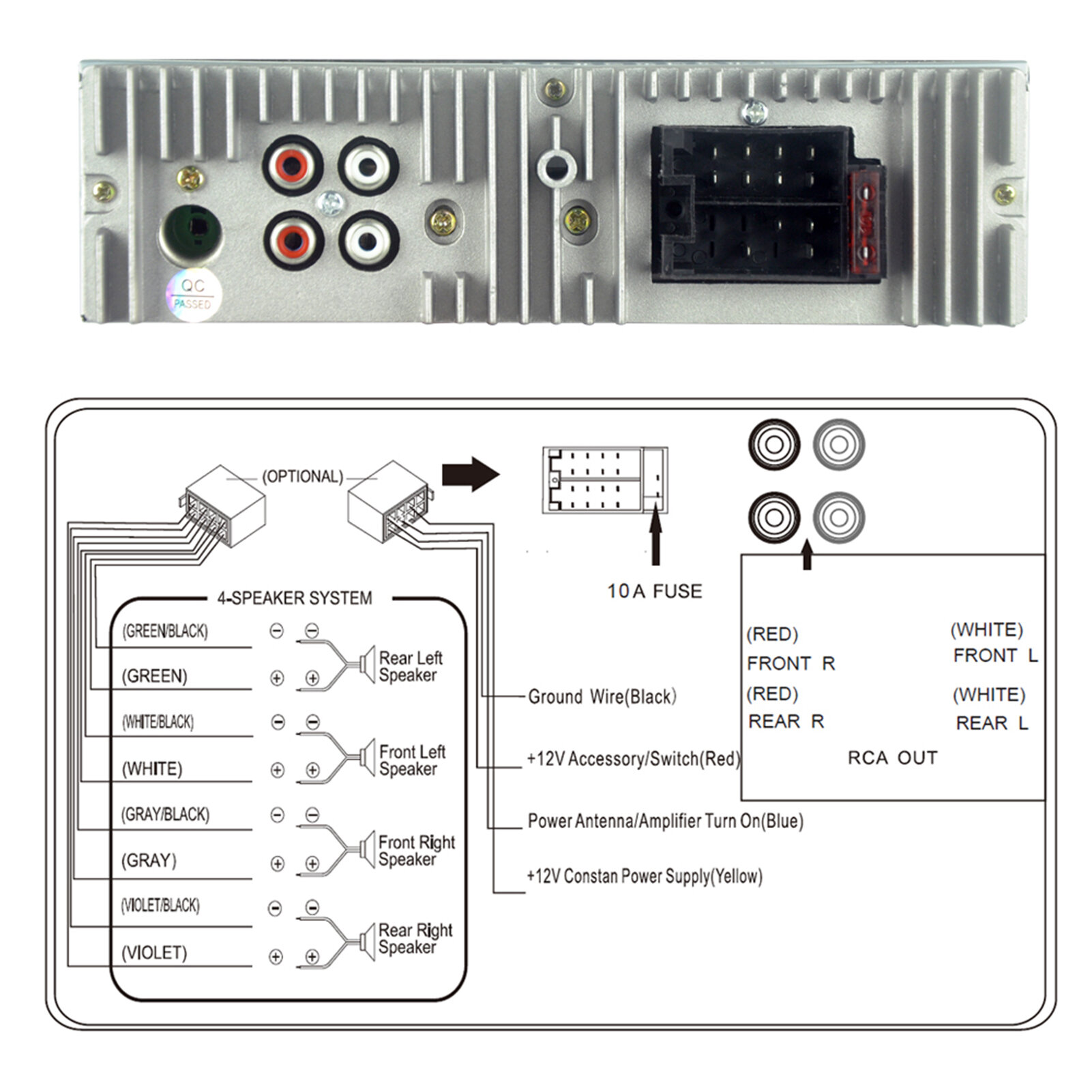 Автомагнитола 1DIN, 7 цветов LED, BT/USB/AUX/TF, быстрая зарядка