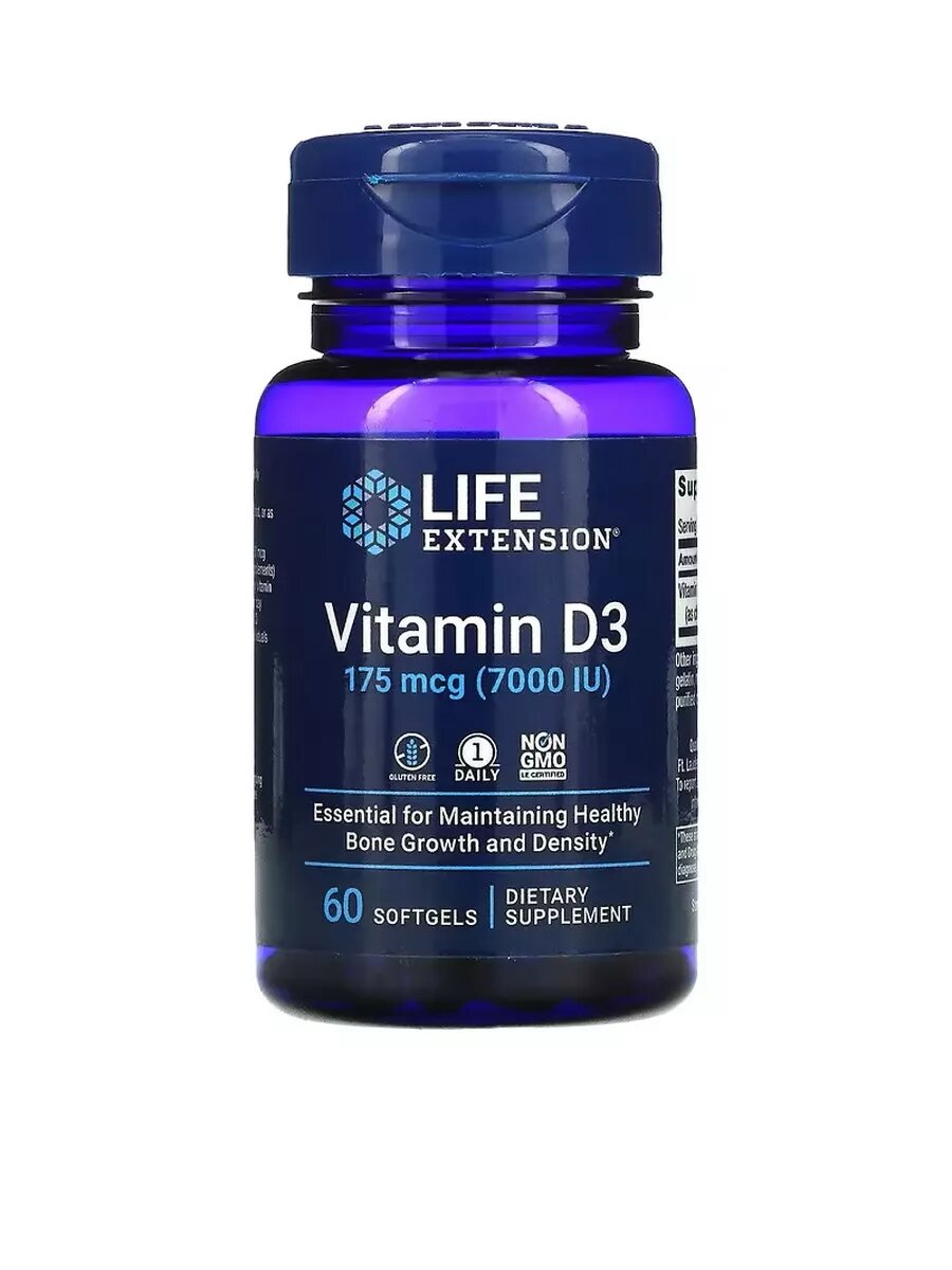Life Extension Vitamin D-3 175 мкг (7000 IU), Витамин Д-3 175 мкг (7000 МЕ) 60 гел. капсул
