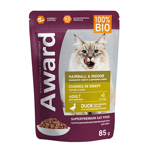 Влажный корм Паучи Авард для взрослых Домашних кошек для Выведения шерсти Кусочки в соусе с Уткой (цена за упаковку) 85г х 24шт