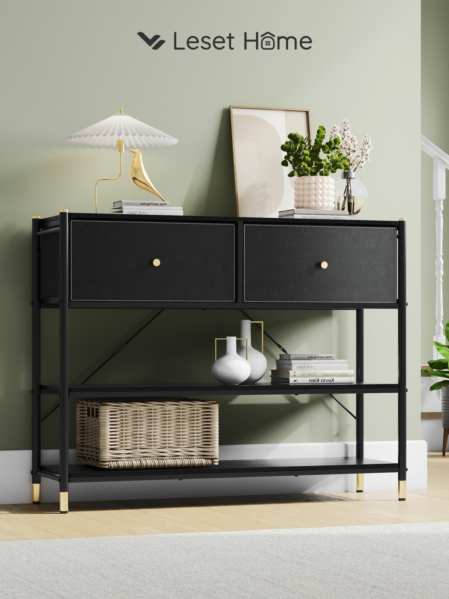 Столик консольный Leset Нирита с полками, в гостинную, прихожую, спальню 2 ящика, чёрный