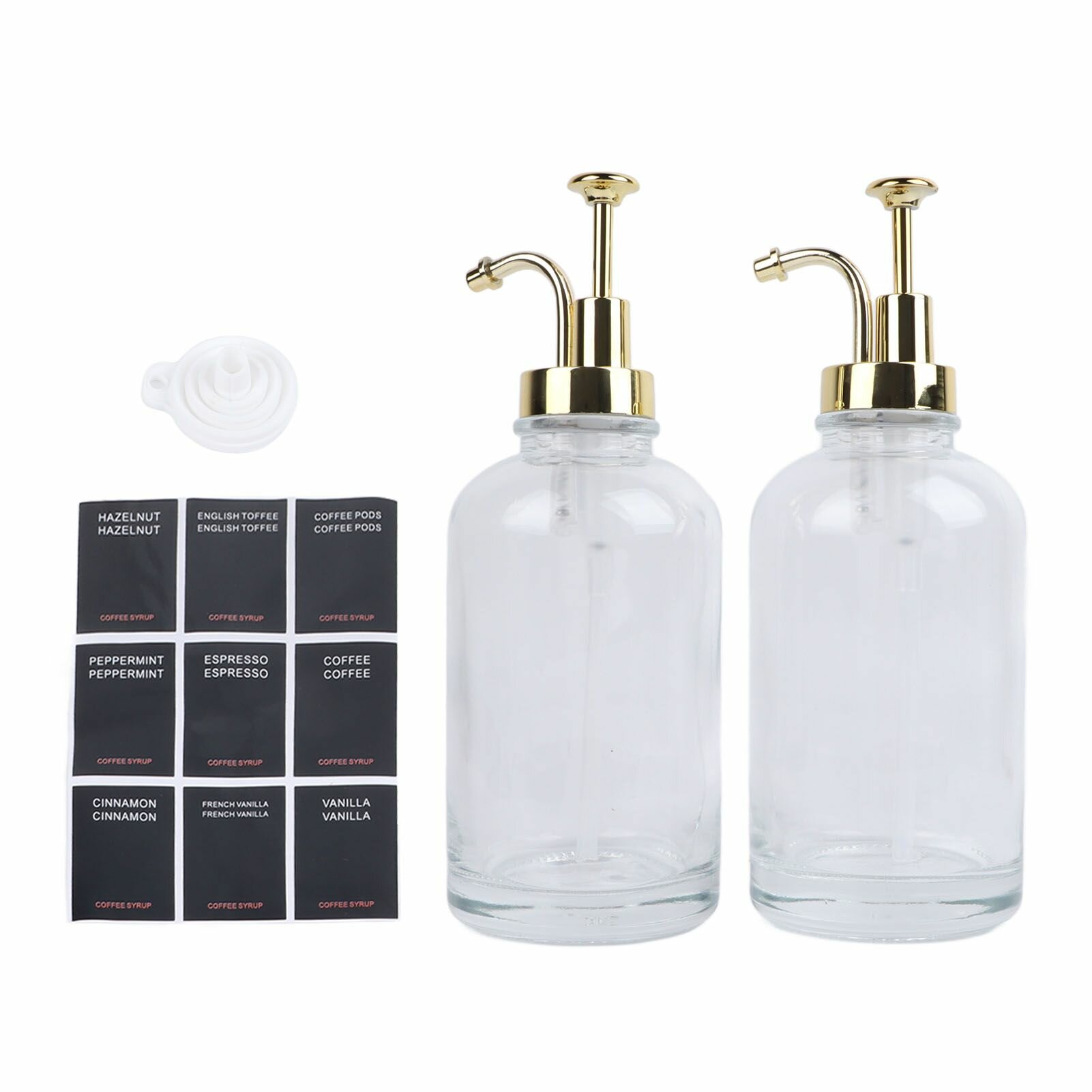 2 диспенсера для кофейного сиропа объемом 500 мл, прозрачные стеклянные бутылки с помпой, силиконовой воронкой и 9 этикетками, барные аксессуары