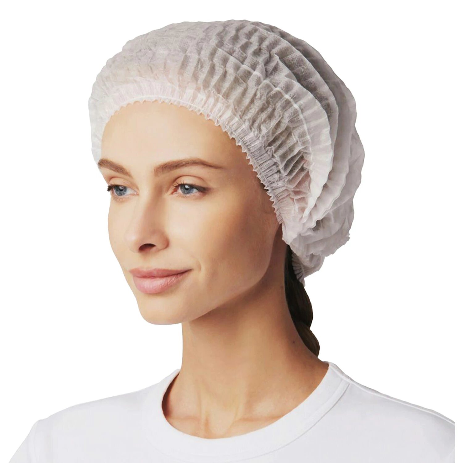 Шапочка белая "Шарлотта" комплект 100 штук из нетканого материала SMS 10 г/м2, d=30 см, SMZ, 2шт.