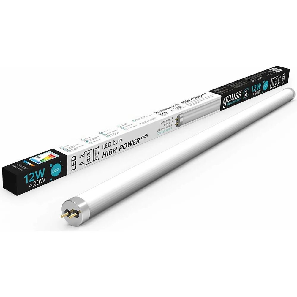 Лампа Gauss Elementary T8, 12W, 1000lm, 4000K, G13, 600mm, стекло, LED, 1/20 93022