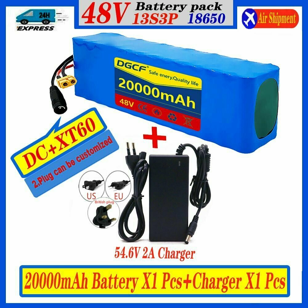 48V 20Ah 1000w 13S3P DC+XT60 48V Литий - ионный аккумулятор 20000mah Электровелосипед 54.6v с зарядным устройством BMS +