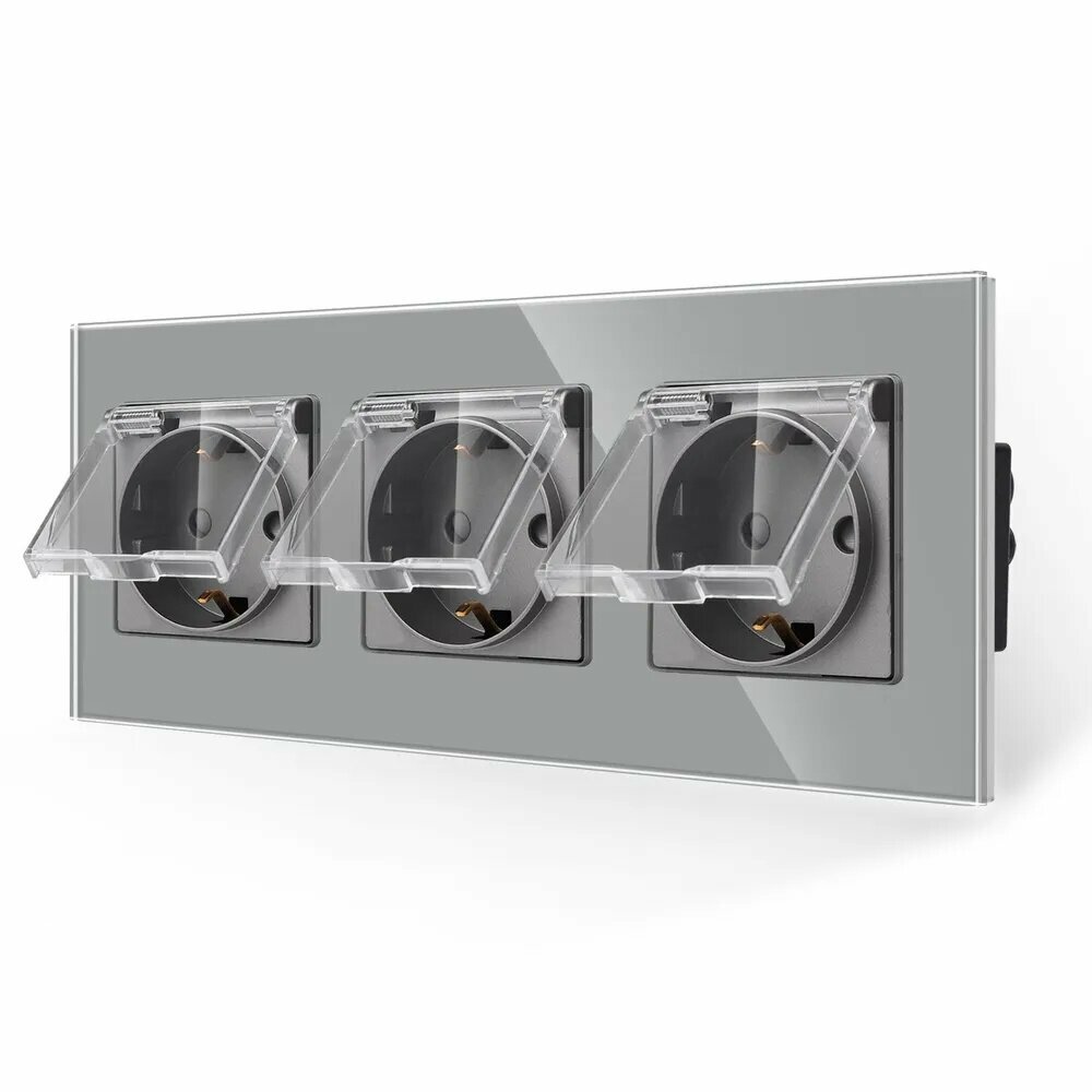 Розетка c водонепроницаемой крышкой 3 поста, Встраиваемая водонепроницаемая розетка на 16А стеклянна серый c землей