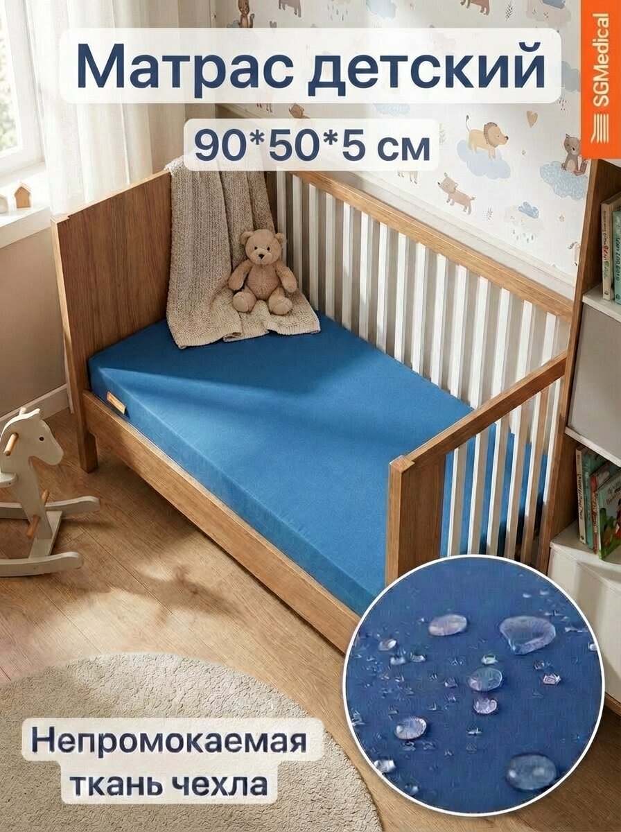 Матрас в детскую кровать непромокаемый 90*50*5 см (синий) со съемным чехлом