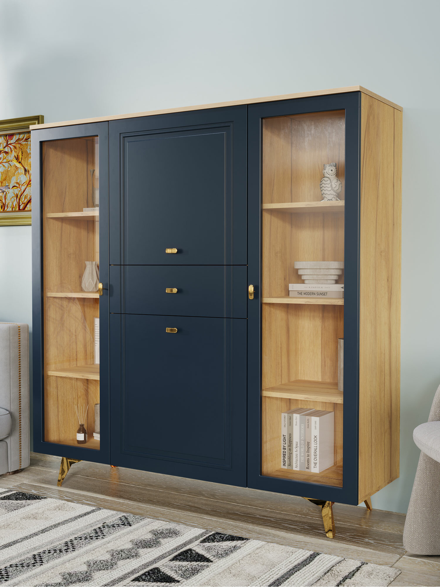 Шкаф-витрина Вега Сапфир 2 двери, с полками, с ящиками, с комбинированным фасадом, 140.4х42.4х146 см, Дуб золотистый / Темно-синий софт