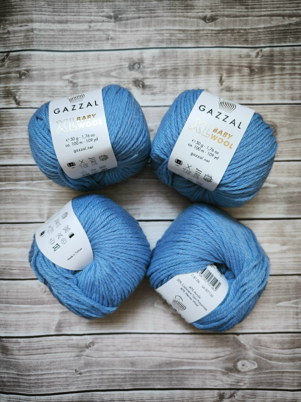 Пряжа Gazzal Baby wool XL, цвет 813 xl голубой, набор 4 мотка, вес мотка 50 гр, длина нити 100 м