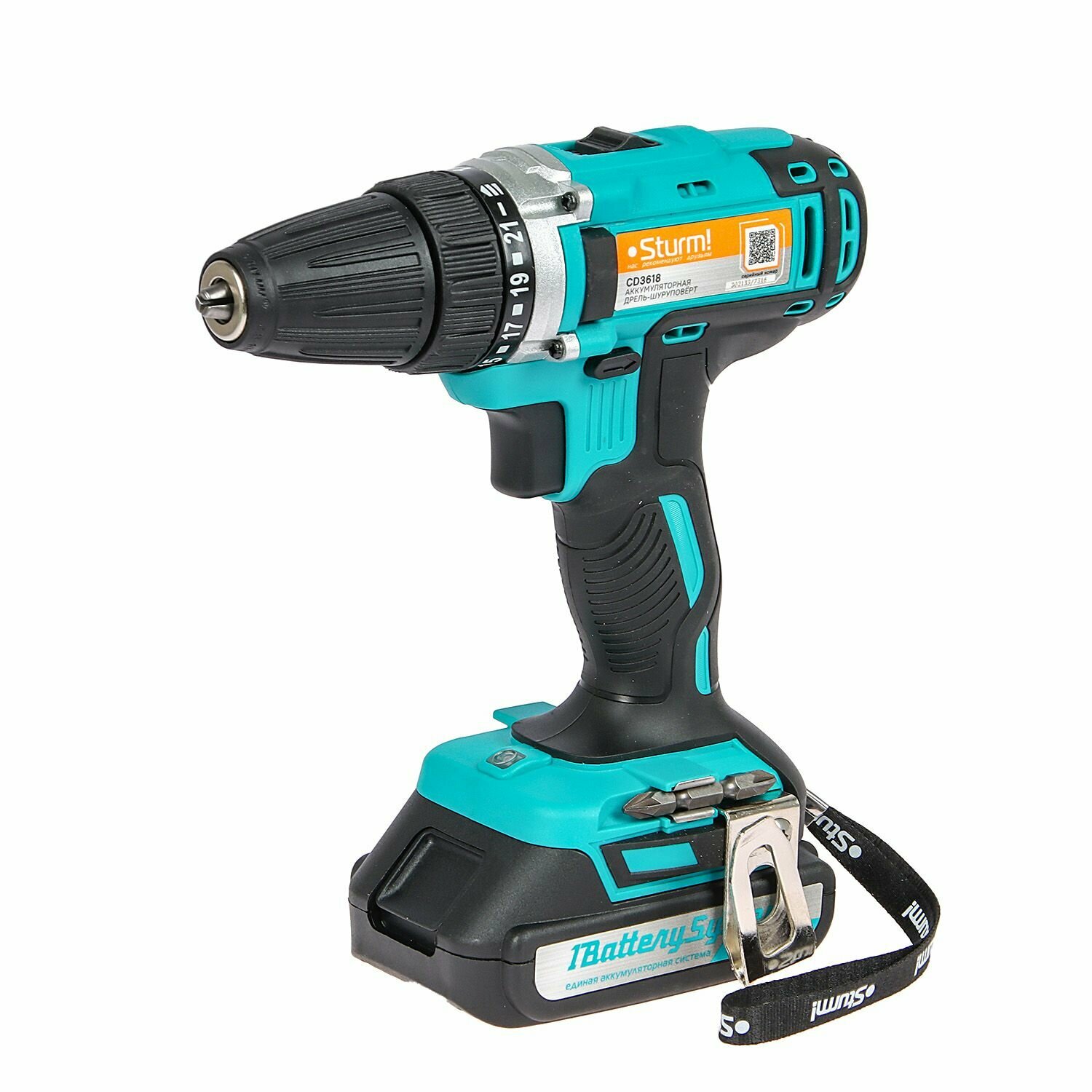 Дрель-шуруповерт Sturm 2 скорости 0-400/0-1500 об/мин, 30Нм 2Ач 1ч, 2 аккумулятора LI-ION 1BatterySystem (СD3618)
