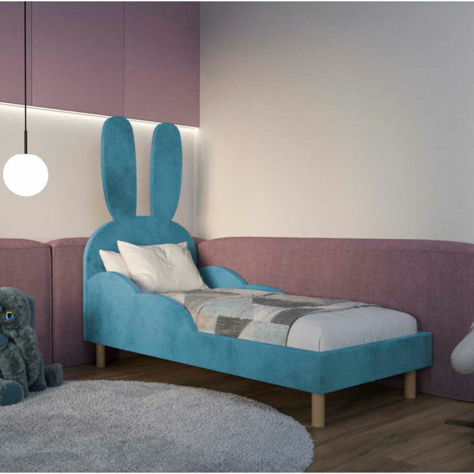 Детская кровать мягкая с ушками и бортиками 120x190 Банни цвет Синий