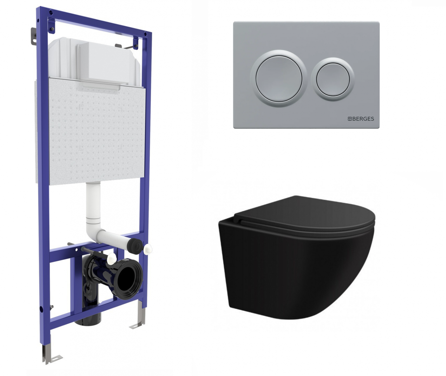 Комплект 3 в 1 инсталляция Berges Novum O2 + Подвесной унитаз SinteSi EVI черный с кнопкой матовой хром
