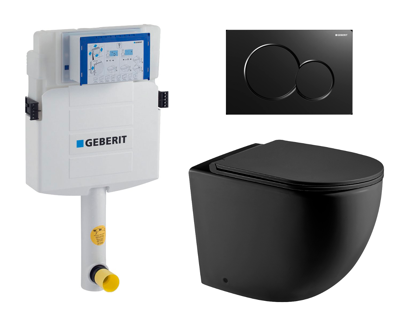Комплект 3 в 1 смывной бачок скрытого монтажа Geberit Duofix UP320 + Унитаз приставной WeltWasser Merzbach 002 MT-BL + Кнопка Geberit Sigma 01 черная