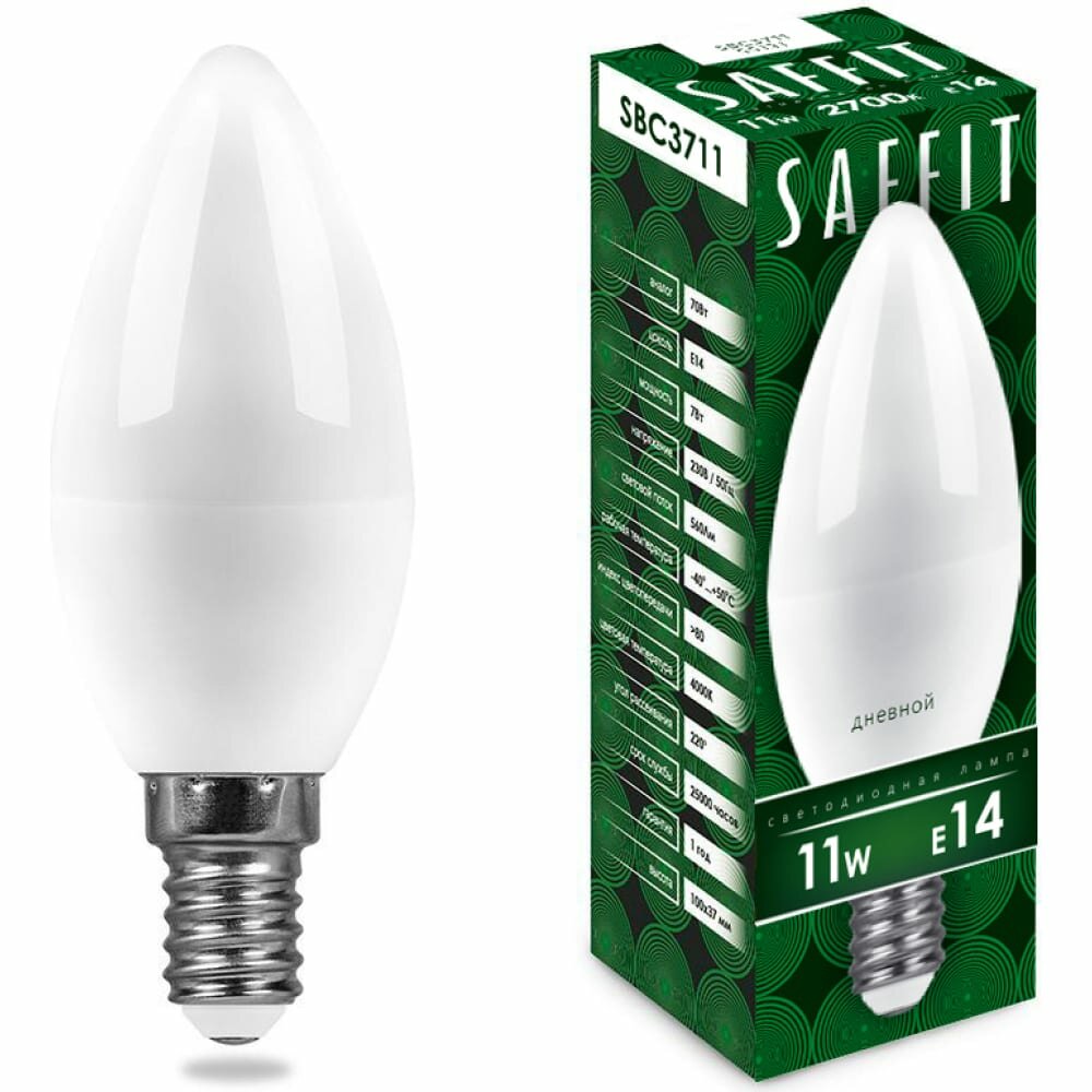 Светодиодная лампа SAFFIT E14 2700K SBC3711 – теплый белый свет, форма свеча, матированная оболочка для общего освещения