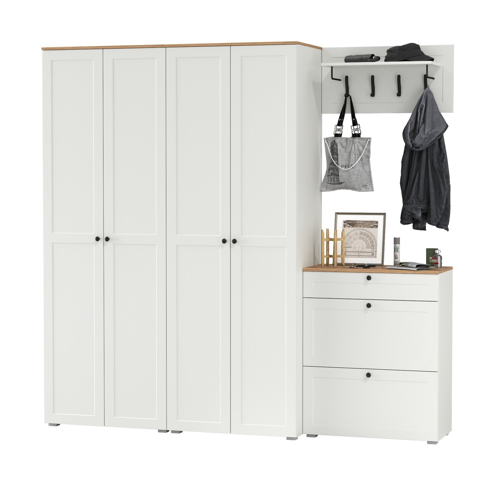 Два шкафа для одежды в прихожую с обувницей и вешалкой для одежды Остин цвет белый шагрень/дуб крафт золотой