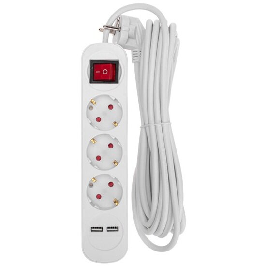 Удлинитель Rexant Standard 5 м, 2 USB, 3 гнезда, 3х1,0 кв. мм, с/з, с выключателем, белый