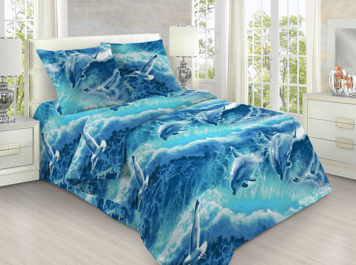 Комплект постельного белья, Дельфины, 1,5-спальный, бязь, наволочки 70х70-2шт.
