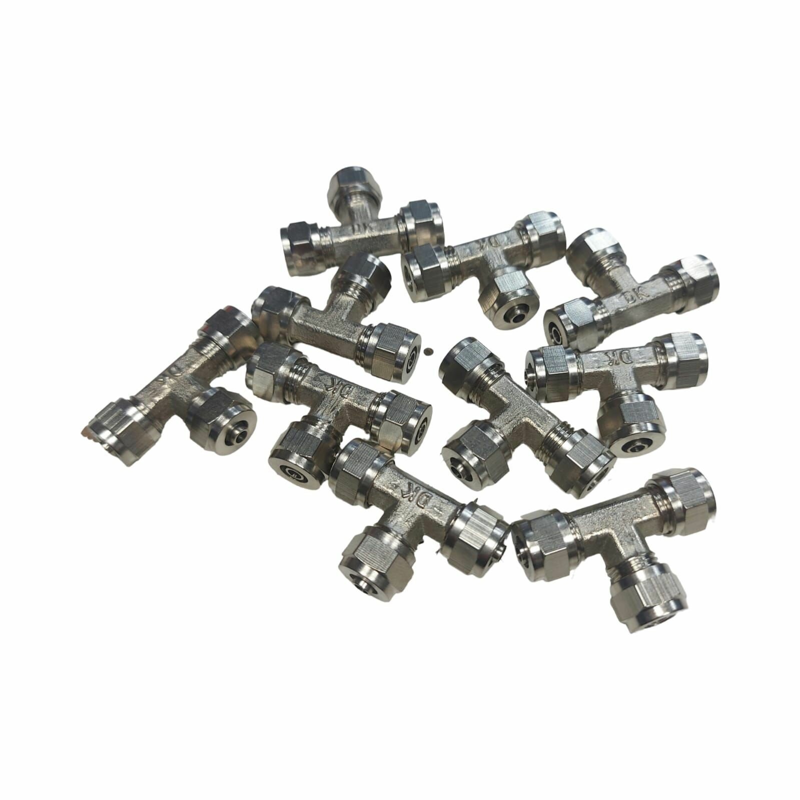 Фитинг тройник Т-образный для трубки 12 мм, 10 штук / с накидной гайкой, разборный, пневматический, металл