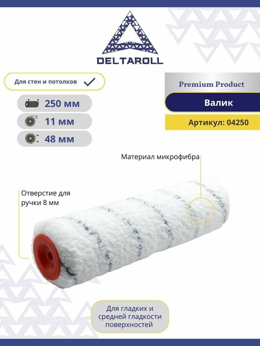 Валик малярный для стен из микрофибры 250 х 48 мм, ворс 11 мм DeltaRoll
